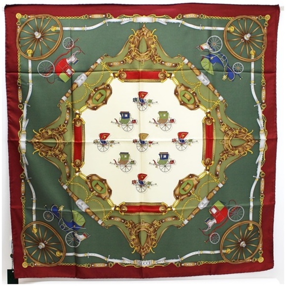 Gucci | Accessories | Gucci Silk Scarf Muffler Green X Wine Red ...